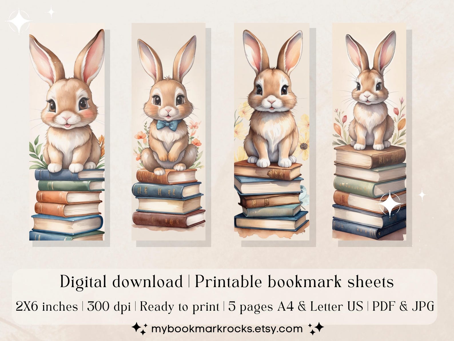 Set of 20 Watercolor bunny & Books Printable Bookmarks, Cute Bunny ...