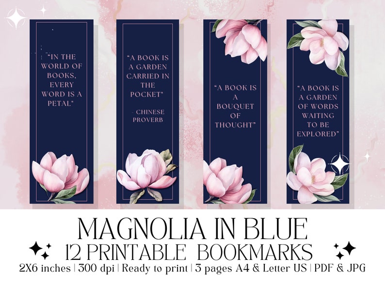 Set of 12 "magnolia in Blue" Printable Bookmarks, Reading Quote ...