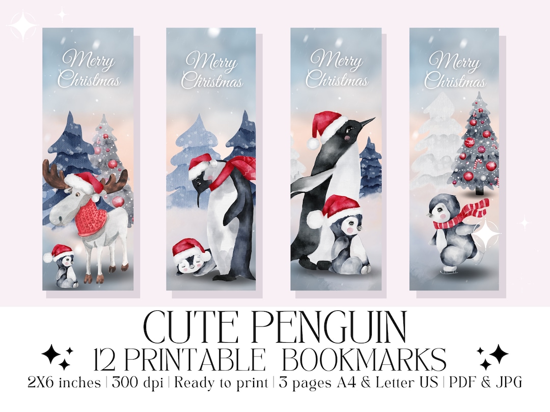 Set of 12 Watercolor "cute Penguin" Printable Bookmarks, Christmas ...