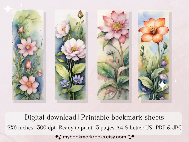 Set of 20 Watercolor 'flowers' Printable Bookmarks | High-quality PDF ...