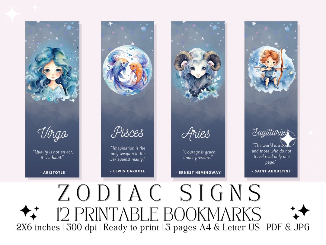 Set of 12 Watercolor "zodiac Signs" Printable Bookmarks, Astrology ...