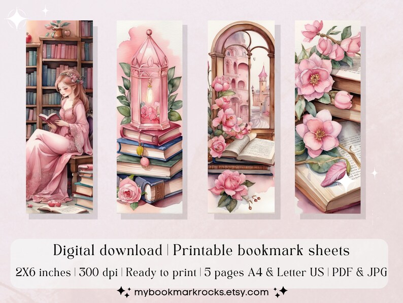 Set of 20 Watercolor "pink” Printable Bookmarks, High-quality PDF & JPG ...