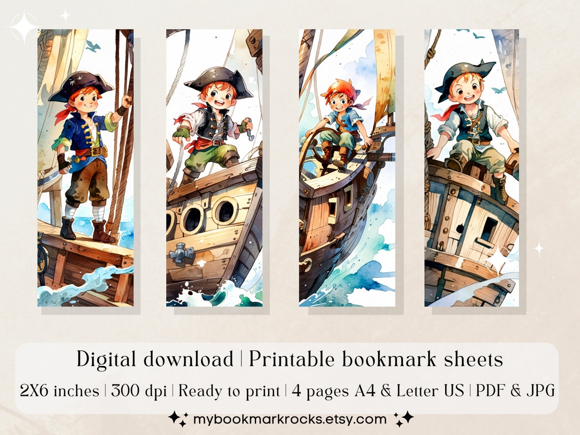 Set of 16 little Pirates Printable Bookmarks, High-quality PDF & JPG ...