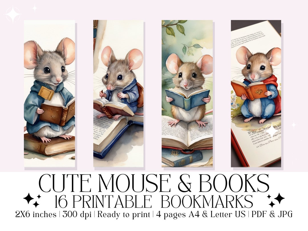 Set of 16 Watercolor "cute Mouse & Books" Printable Bookmarks, Animal ...