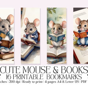 Set of 16 Watercolor "cute Mouse & Books" Printable Bookmarks, Animal ...