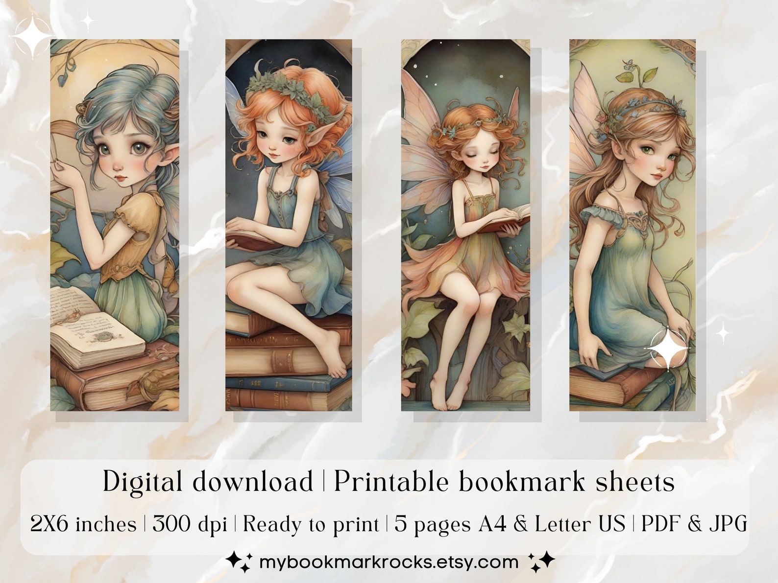 Set of 20 "fairy & Books" Printable Bookmarks, Art Nouveau | Instant ...