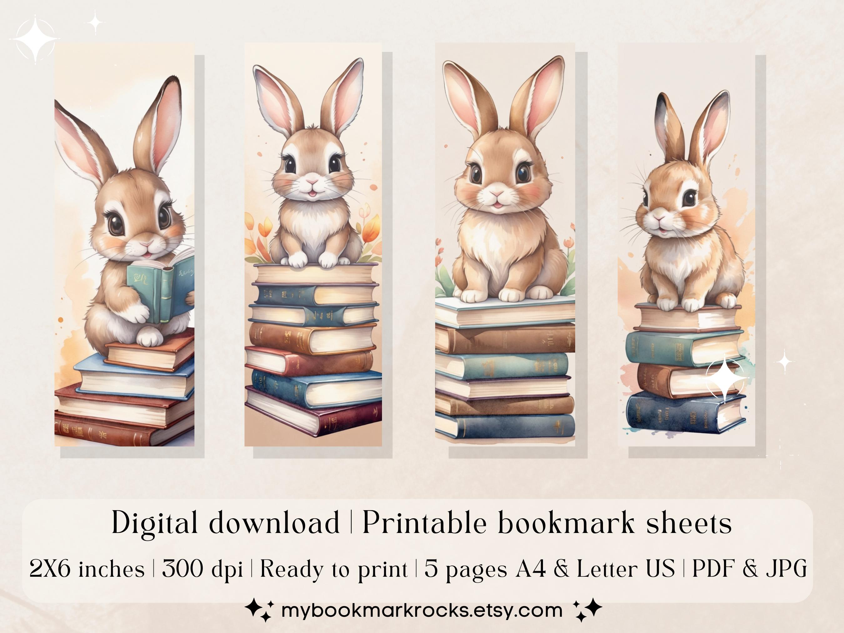 Set of 20 Watercolor bunny & Books Printable Bookmarks, Cute Bunny ...