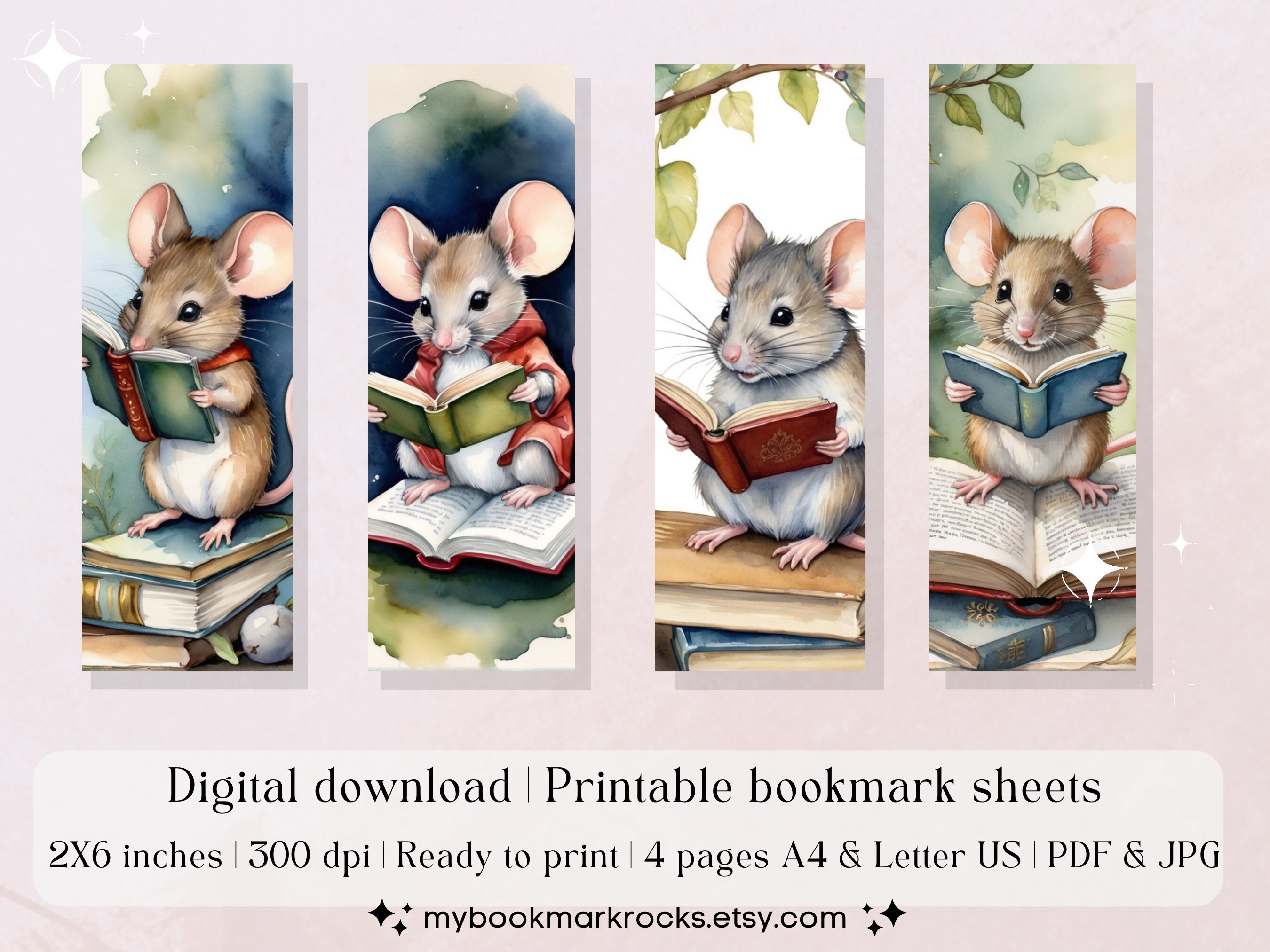 Set of 16 Watercolor "cute Mouse & Books" Printable Bookmarks, Animal ...