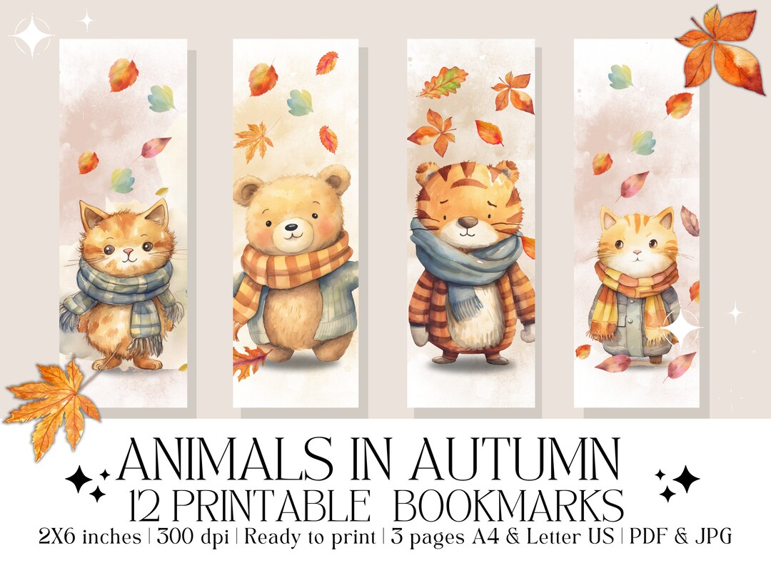 Set of 12 "cute Animals in Autumn" Printable Bookmarks, Fall Designs ...