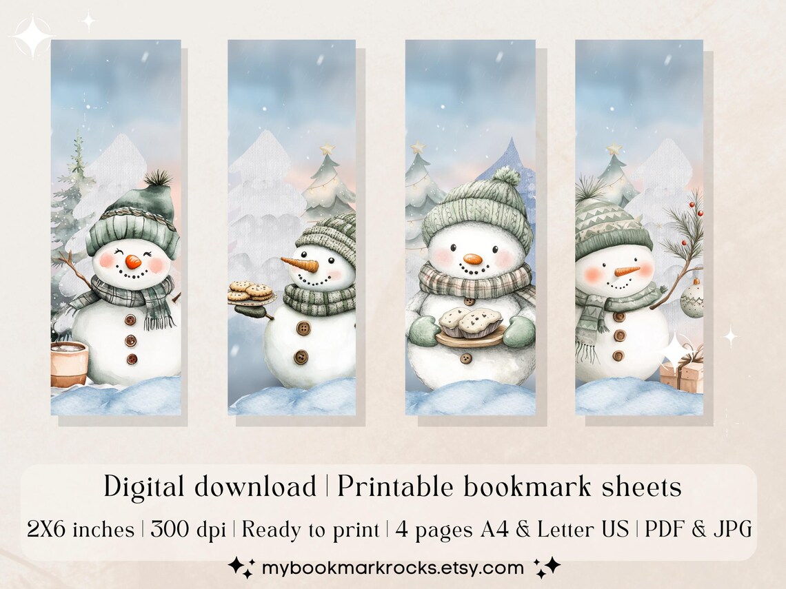 Set of 16 Pastel "snowman" Printable Bookmarks, Winter Designs ...