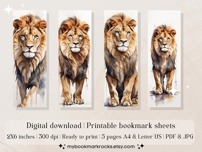 Set of 20 Watercolor "majestic Lions" Printable Bookmarks, Animal ...