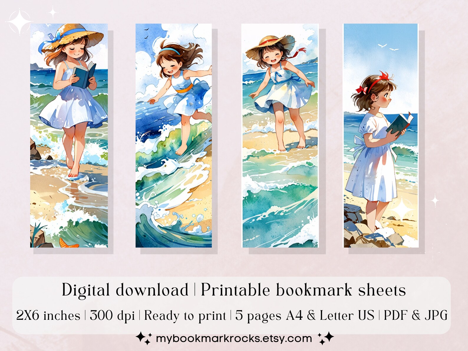 Set of 20 Watercolor summer Beach Printable Bookmarks, High-quality PDF ...