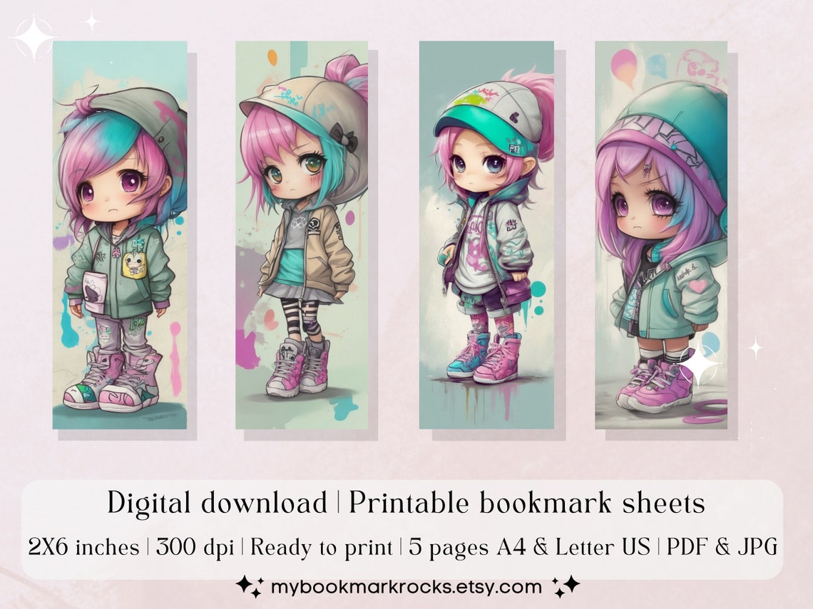Set of 20 chibi Pastel Graffiti Girl Printable Bookmarks, High-quality ...