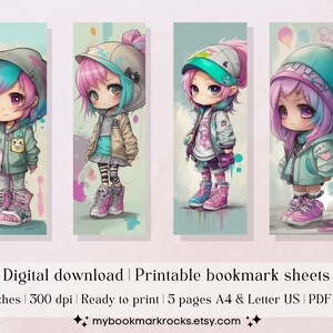 Set of 20 "chibi Pastel Graffiti Girl" Printable Bookmarks, High ...