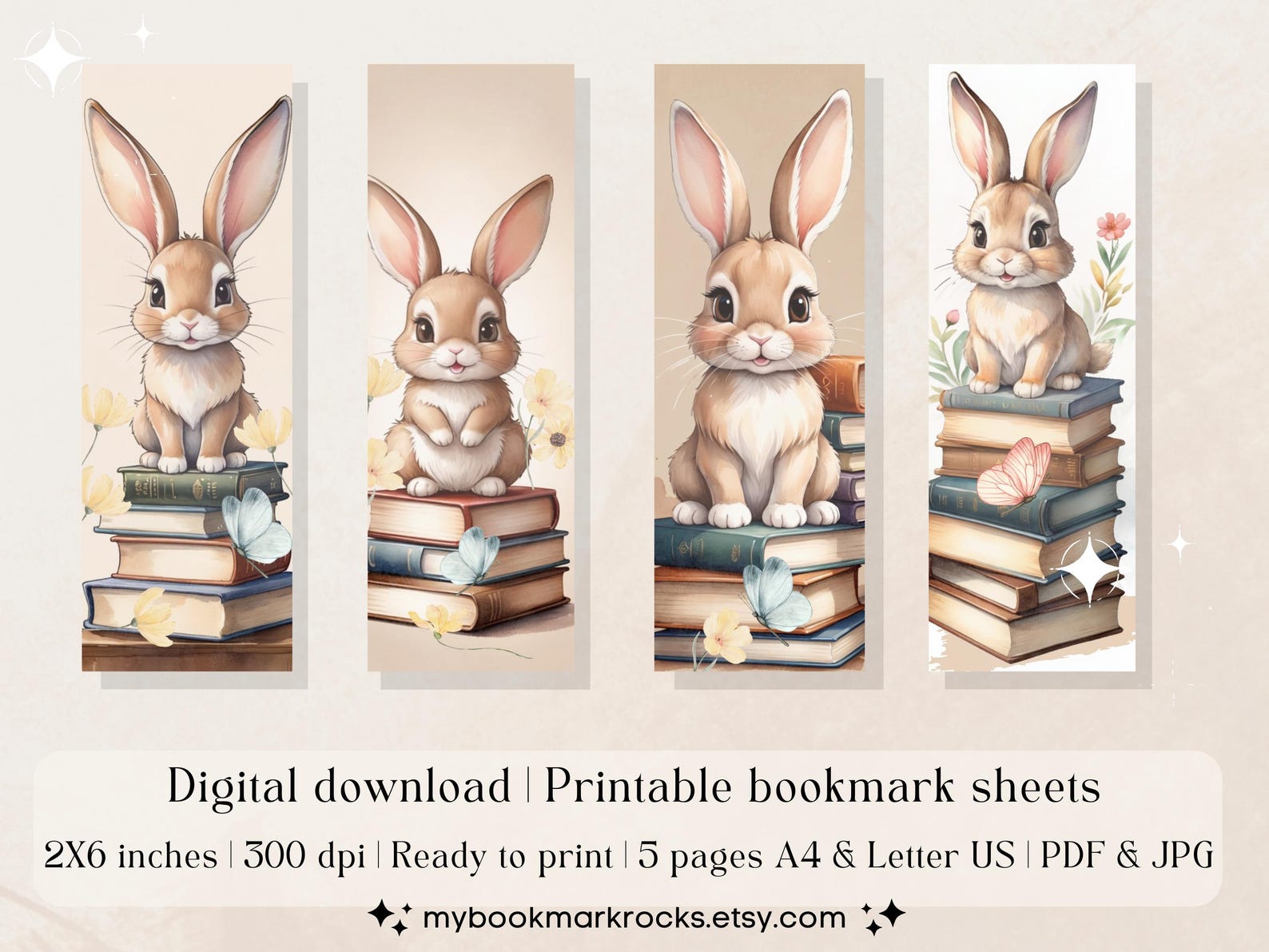 Set of 20 Watercolor "bunny & Books" Printable Bookmarks, Cute Bunny ...