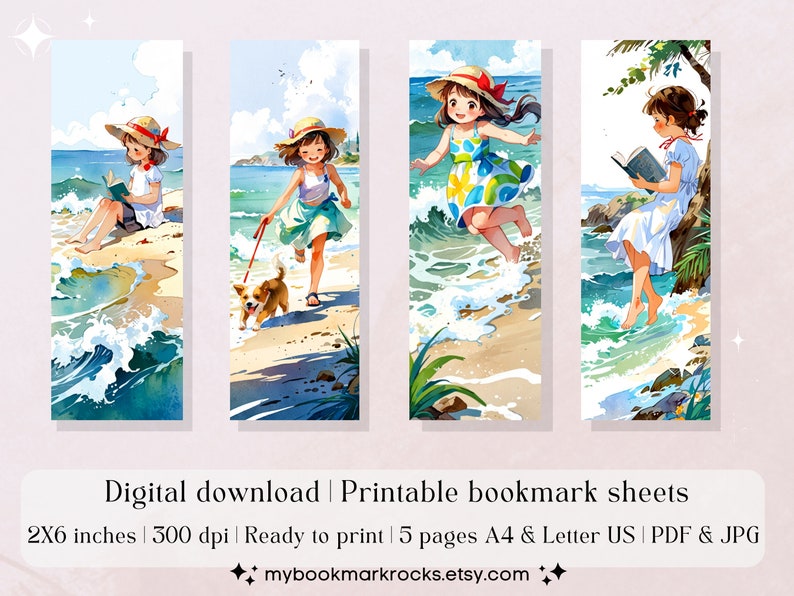 Set of 20 Watercolor summer Beach Printable Bookmarks, High-quality PDF ...