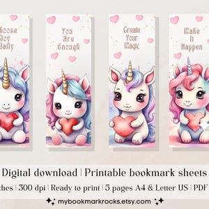 Set of 20 Kawaii "lovely Unicorns" Printable Bookmarks, Quote Bookmarks ...