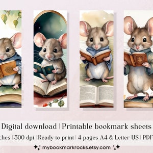 Set of 16 Watercolor "cute Mouse & Books" Printable Bookmarks, Animal ...
