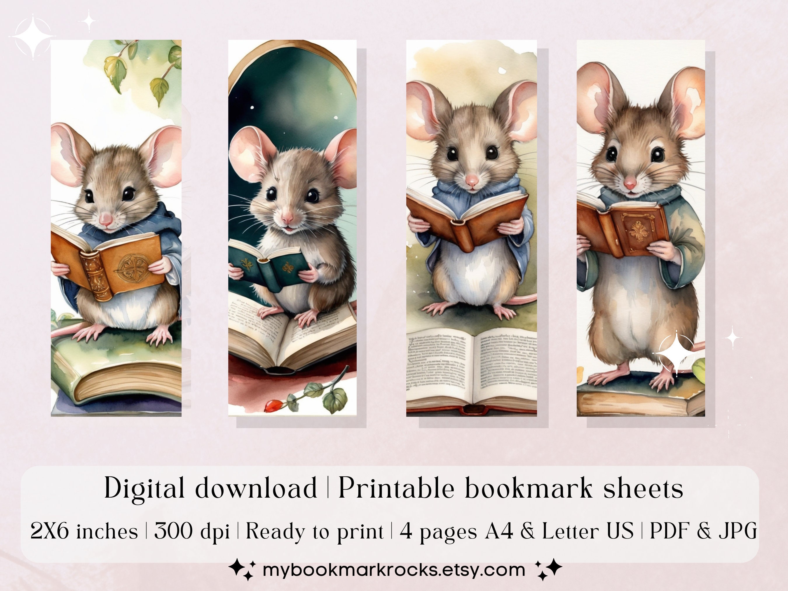 Set of 16 Watercolor cute Mouse & Books Printable Bookmarks, Digital ...