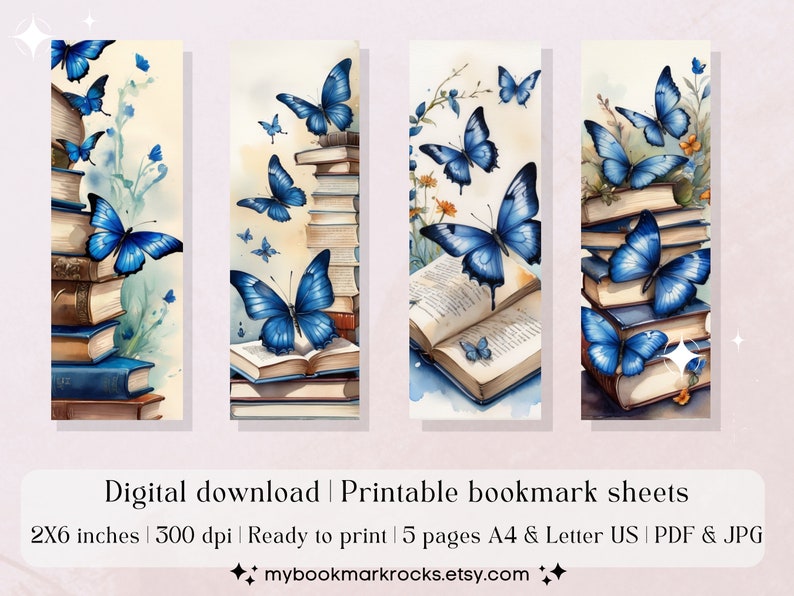 Set of 20 Watercolor "blue Butterfly" Printable Bookmarks, Book Lover's ...