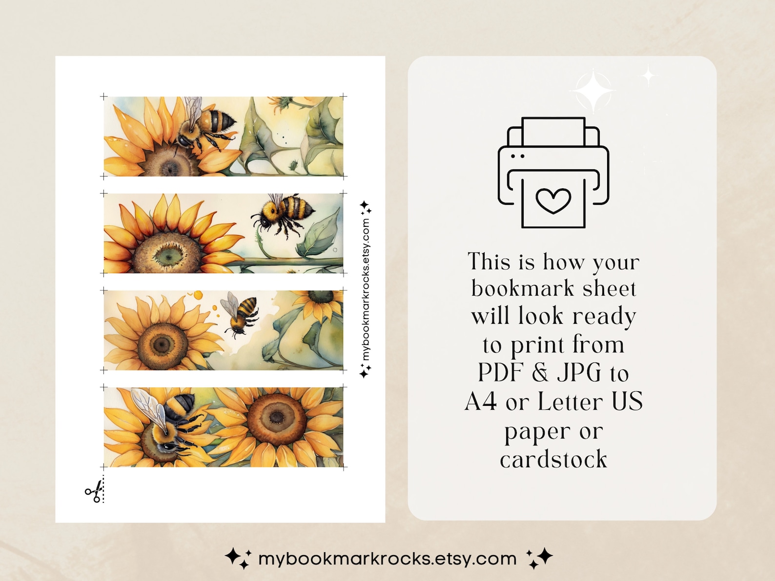 Set of 20 Watercolor "sunflowers & Bees" Printable Bookmarks, Cute ...