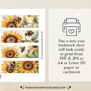 Set of 20 Watercolor "sunflowers & Bees" Printable Bookmarks, Cute ...