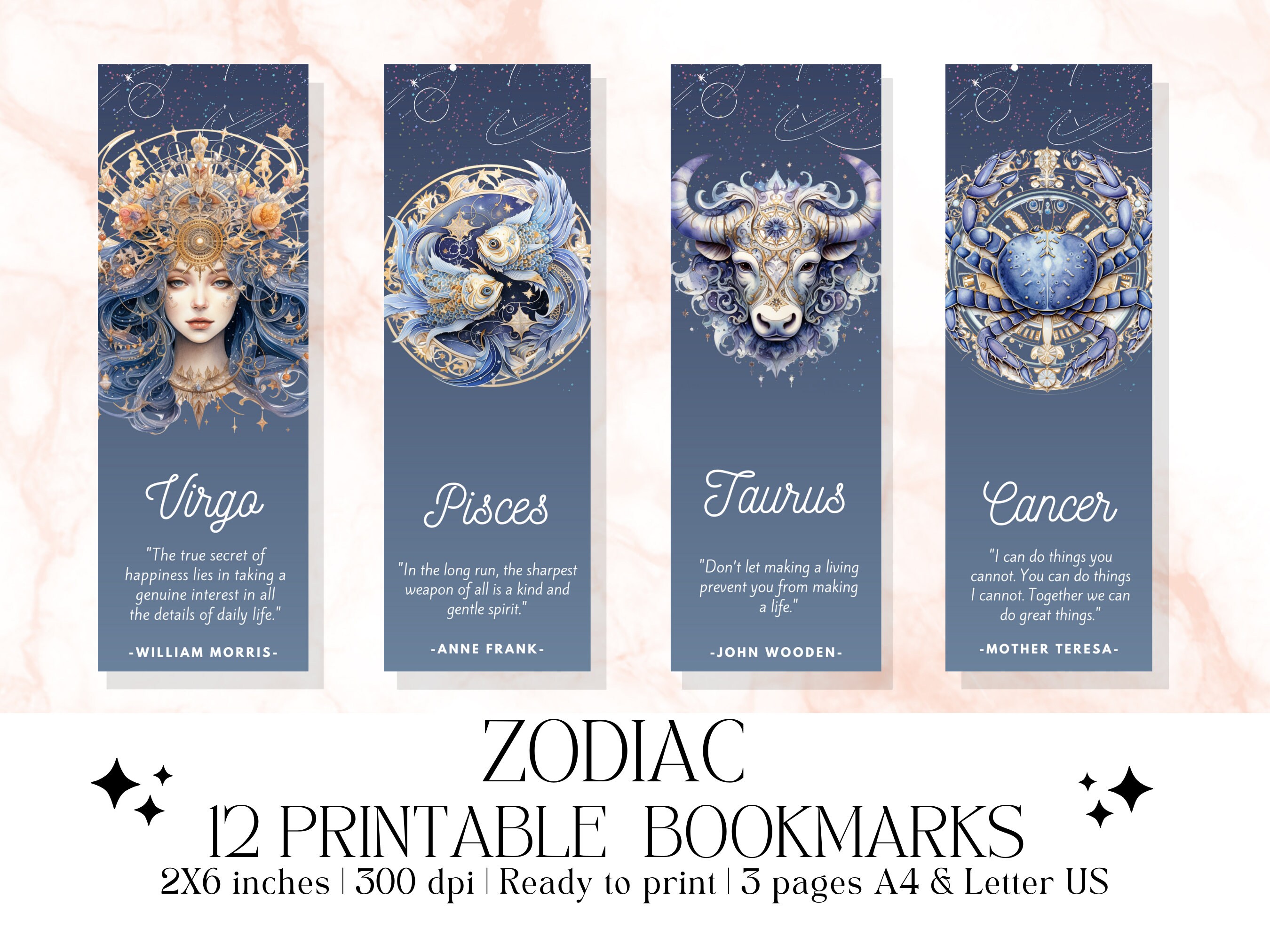 Set of 12 Watercolor "zodiac Signs" Printable Bookmarks, Astrology ...
