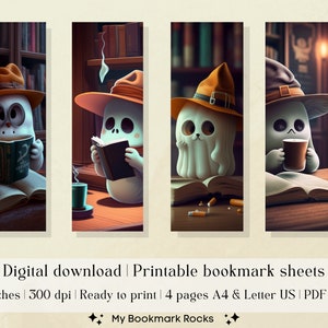 16 Cute Halloween Printable Bookmarks JPG / PDF Pages Ghost With Coffee ...