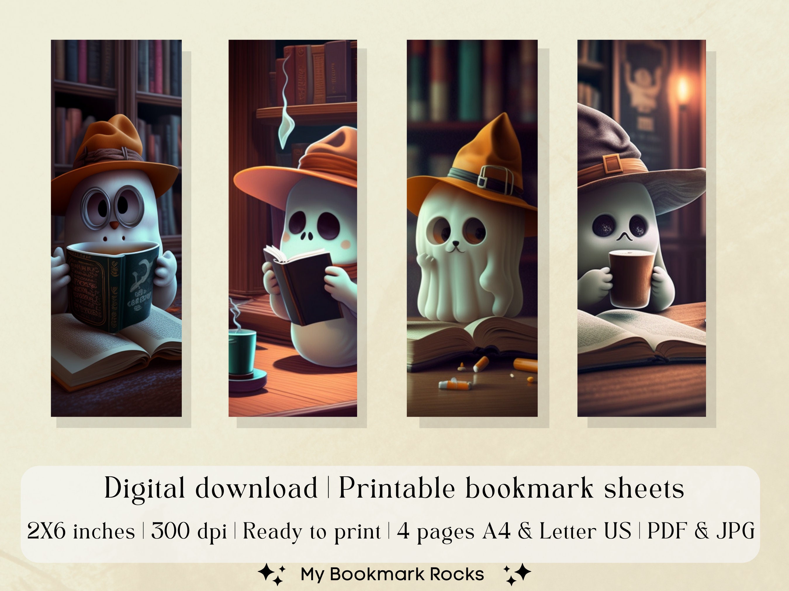 16 Cute Halloween Printable Bookmarks JPG / PDF Pages Ghost With Coffee ...