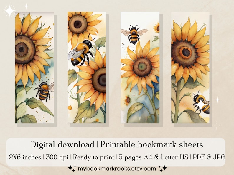 Set of 20 Watercolor "sunflowers & Bees" Printable Bookmarks, Cute ...