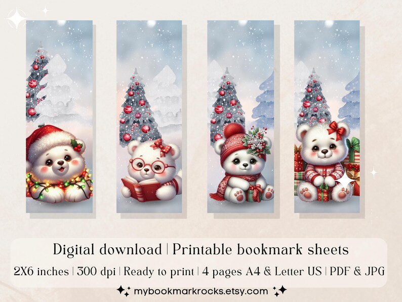 Set of 16 "christmas Polar Bear" Printable Bookmarks, Christmas Designs ...
