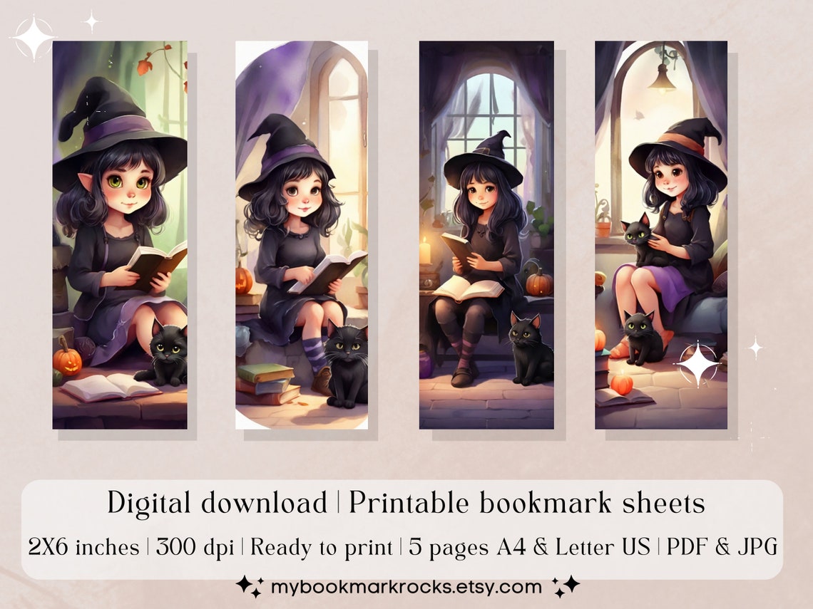 Set of 20 Watercolor "cute Witch" Printable Bookmarks, Halloween ...
