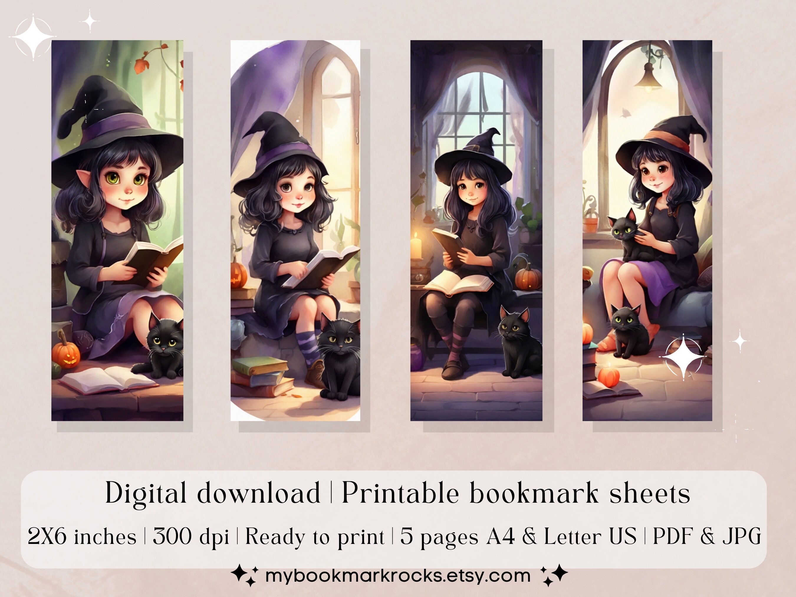 Set of 20 Watercolor "cute Witch" Printable Bookmarks, Halloween ...