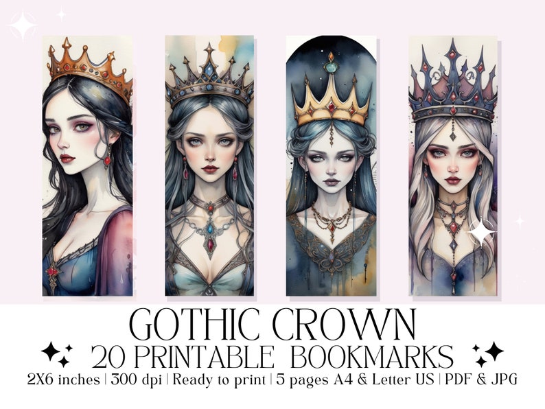 Set of 20 Watercolor “gothic Crown” Printable Bookmarks | Digital ...