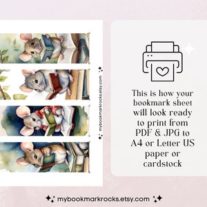 Set of 16 Watercolor "cute Mouse & Books" Printable Bookmarks, Animal ...