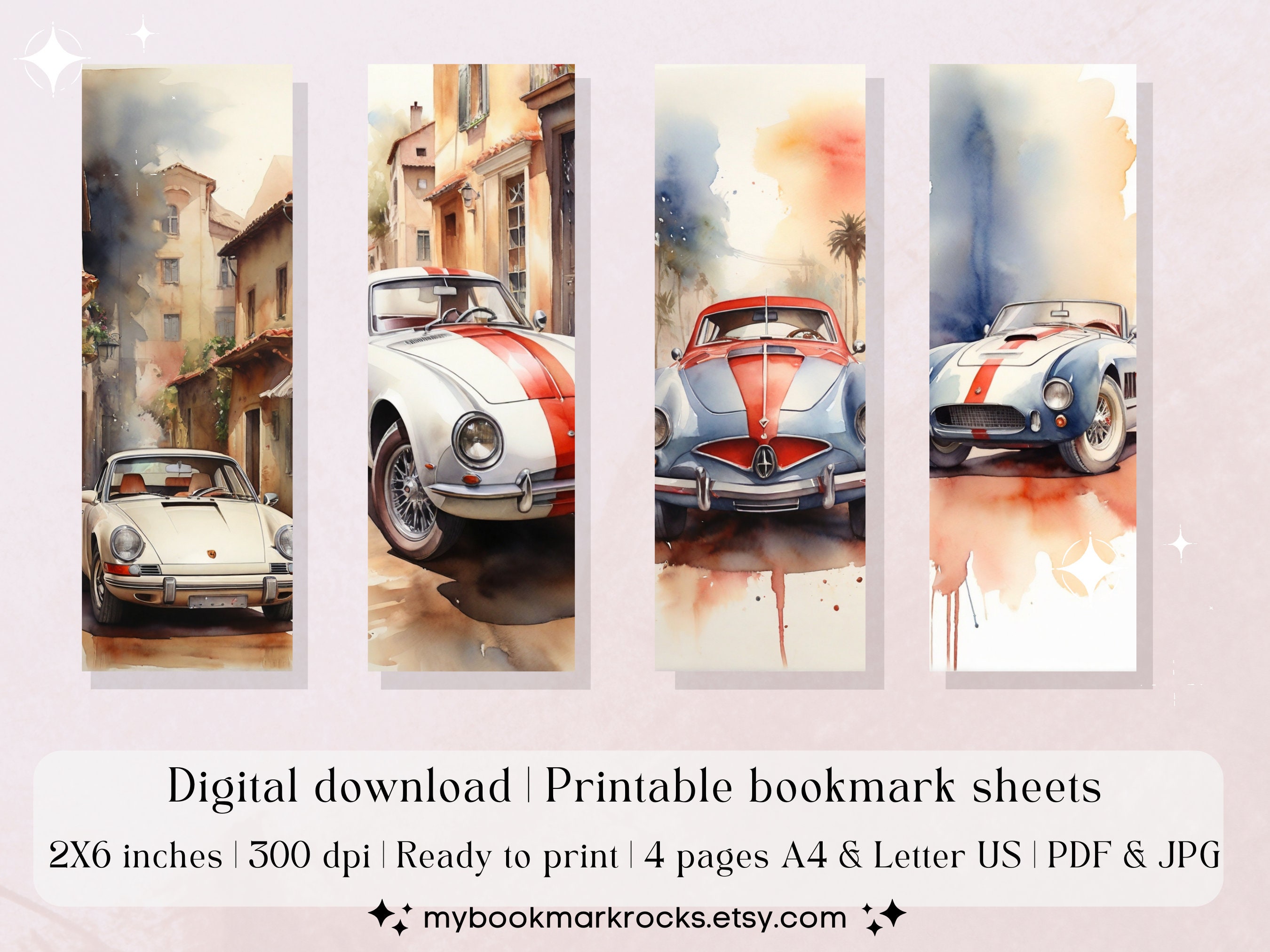 Set of 16 Watercolor "vintage Cars" Printable Bookmarks, Classic Car ...