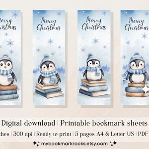 Set of 20 Watercolor "cute Penguin" Printable Bookmarks, Christmas ...