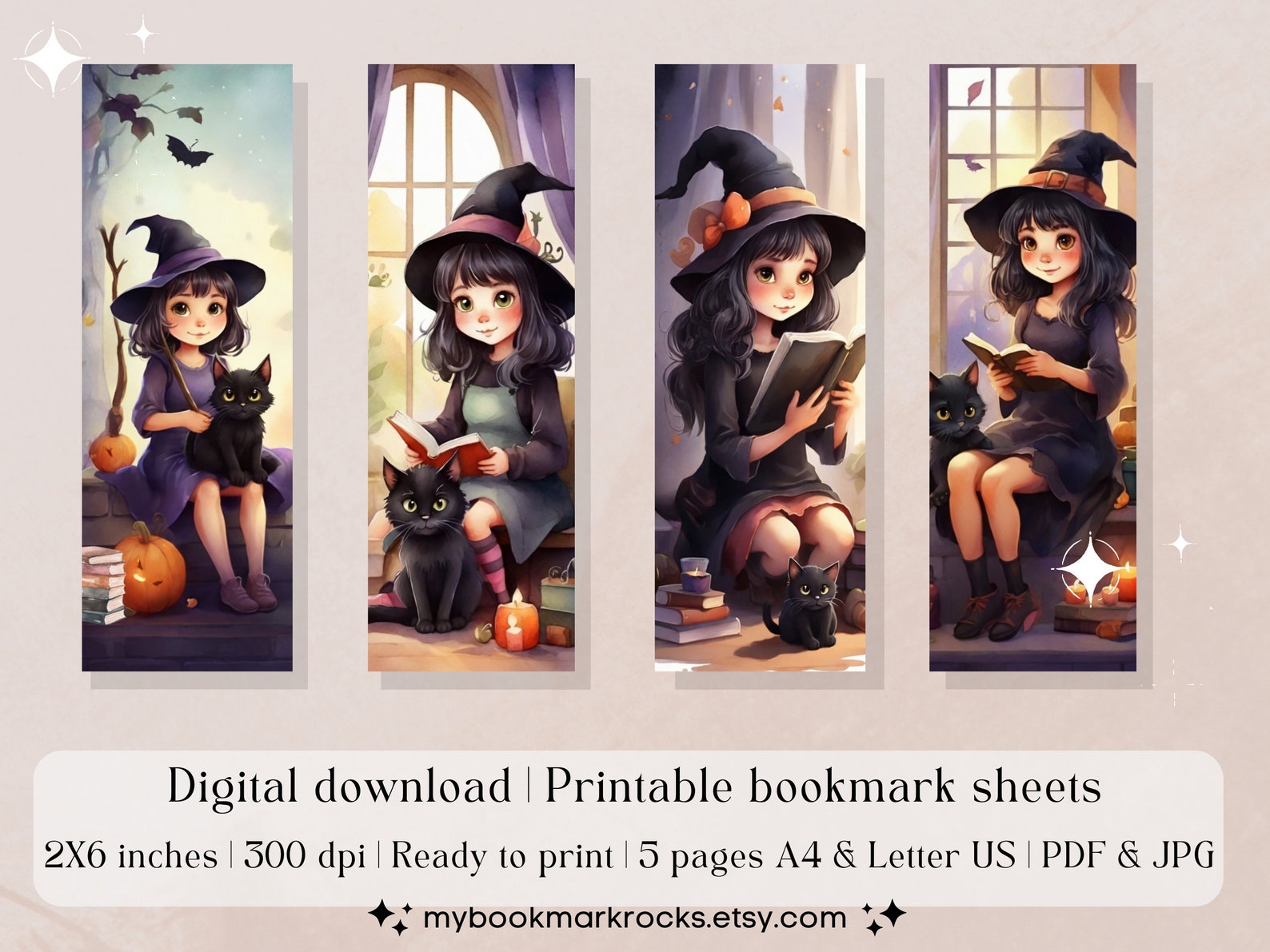 Set of 20 Watercolor "cute Witch" Printable Bookmarks, Halloween ...