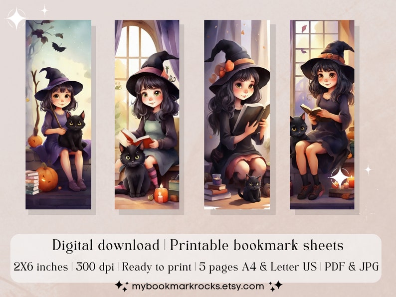 Set of 20 Watercolor "cute Witch" Printable Bookmarks, Halloween ...