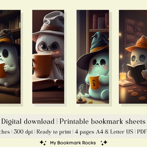 16 Cute Halloween Printable Bookmarks JPG / PDF Pages Ghost With Coffee ...