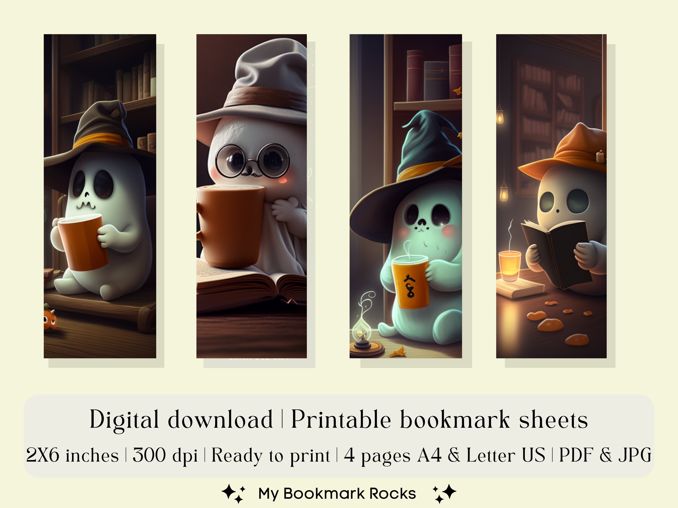 16 Cute Halloween Printable Bookmarks JPG / PDF Pages Ghost With Coffee ...