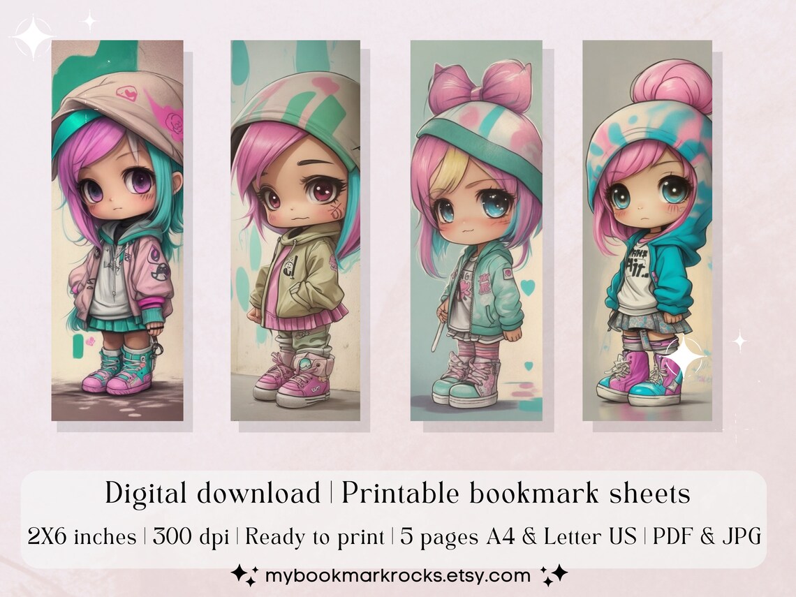 Set of 20 chibi Pastel Graffiti Girl Printable Bookmarks, High-quality ...