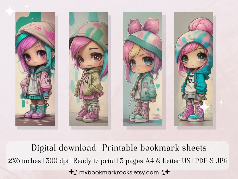 Set of 20 "chibi Pastel Graffiti Girl" Printable Bookmarks, High ...