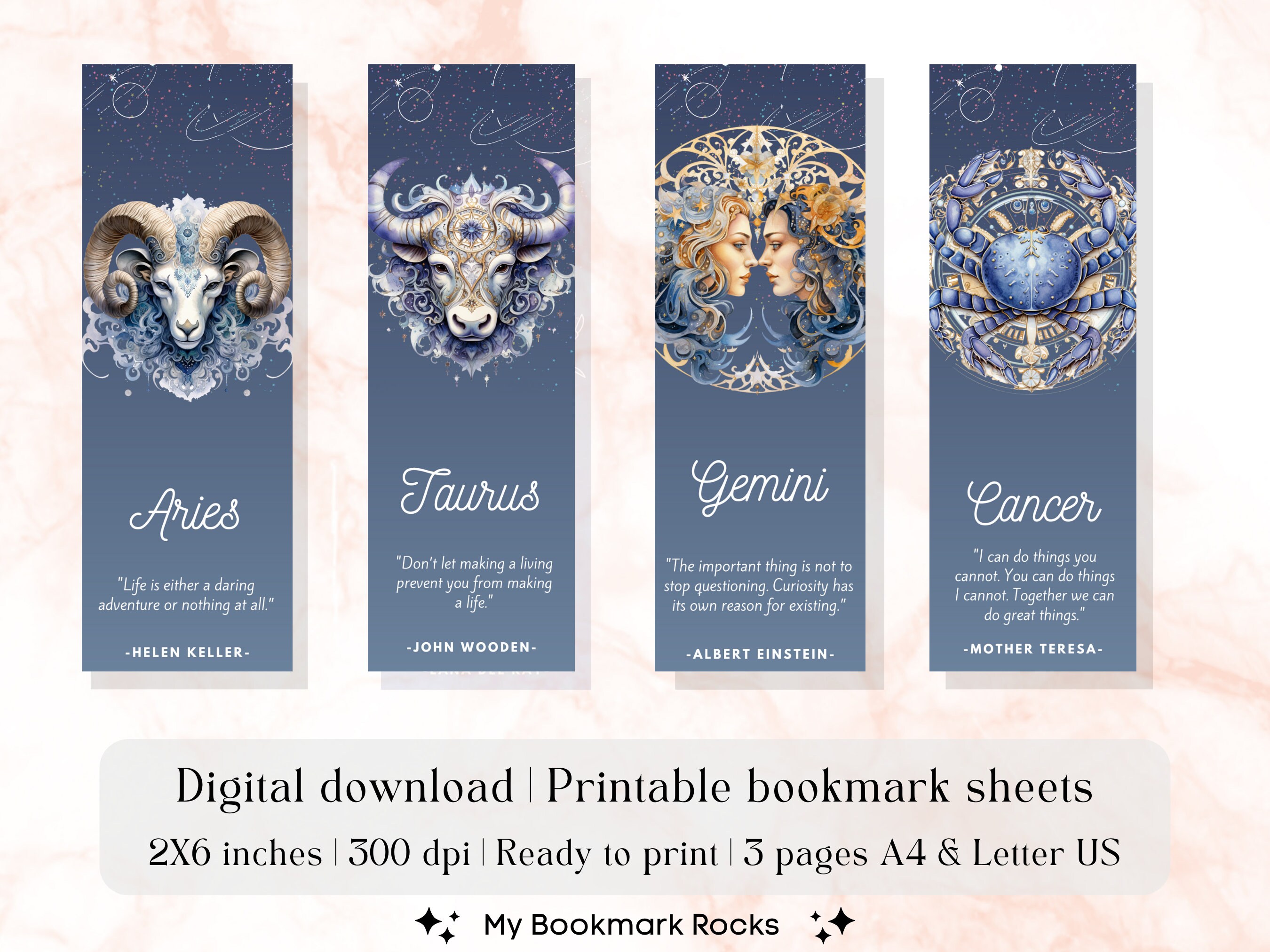 Set of 12 Watercolor "zodiac Signs" Printable Bookmarks, Astrology ...