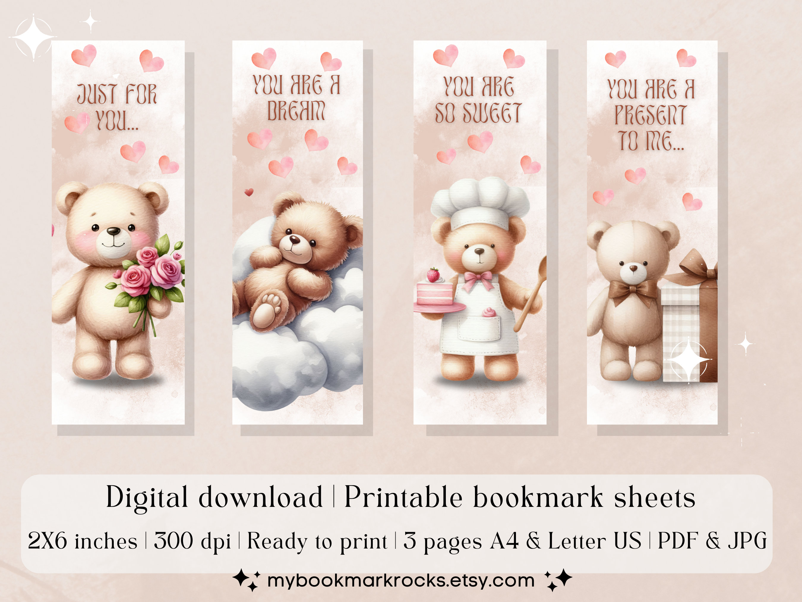 Set of 12 Watercolor "cute Bear" Printable Bookmarks, Bookmarks for ...