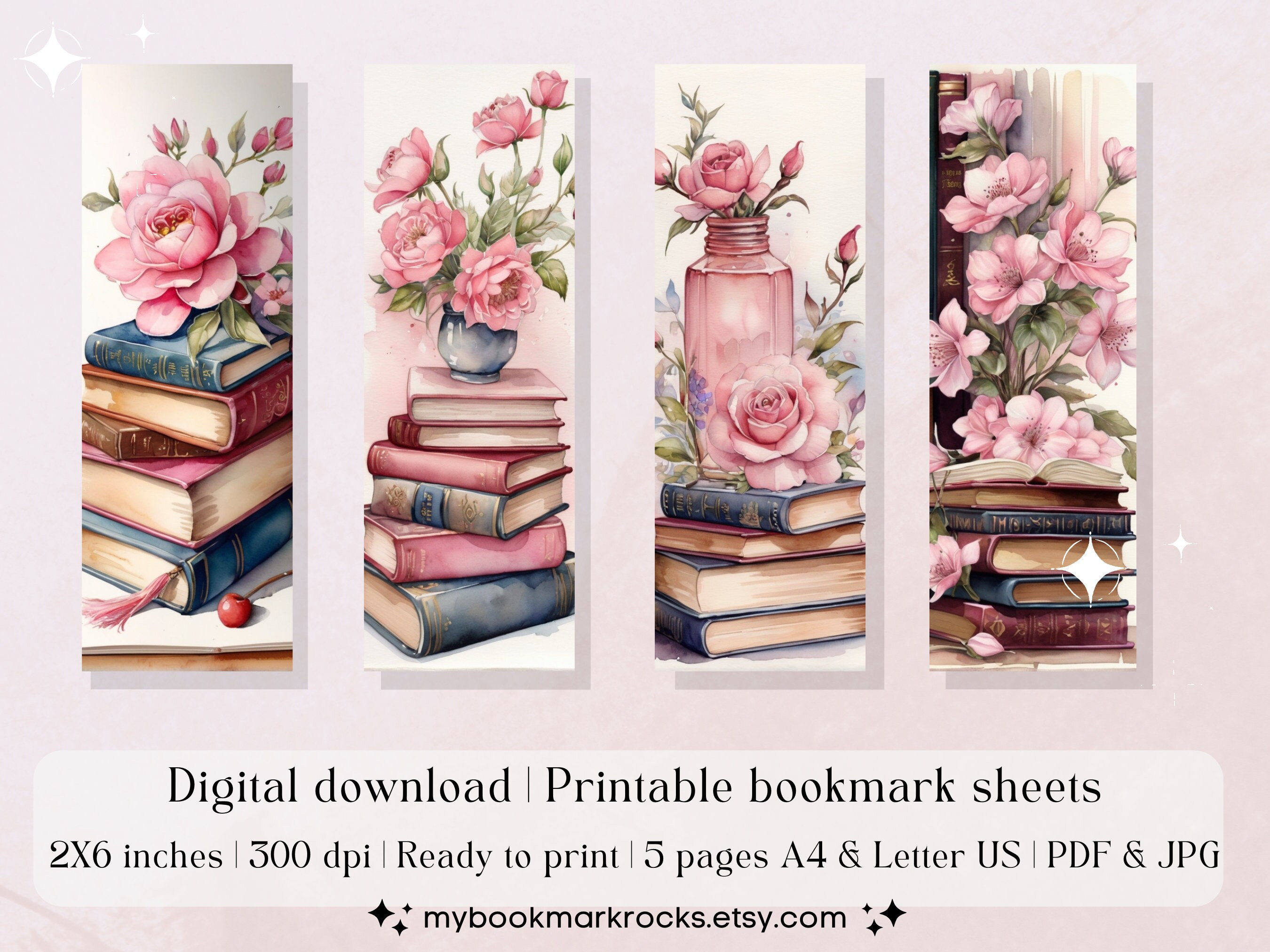 Set of 20 Watercolor "pink” Printable Bookmarks, High-quality PDF & JPG ...