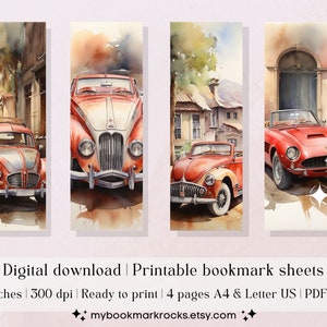 Set of 16 Watercolor "vintage Cars" Printable Bookmarks, Classic Car ...