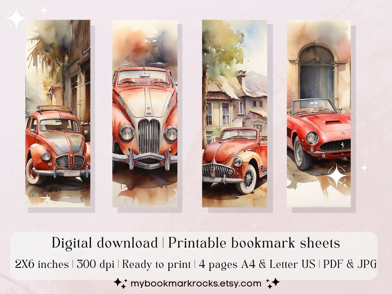 Set of 16 Watercolor "vintage Cars" Printable Bookmarks, Classic Car ...