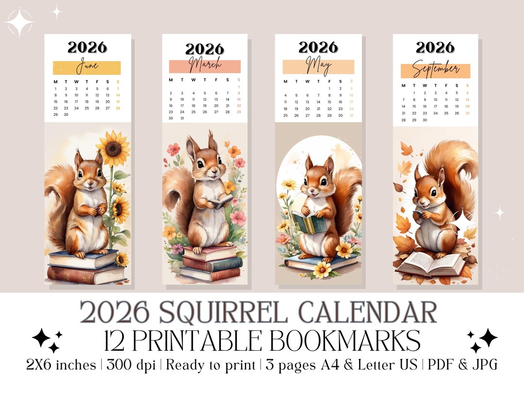 Set of 12 "2026 Squirrel Calendar" Printable Bookmarks, Yearly Calendar ...