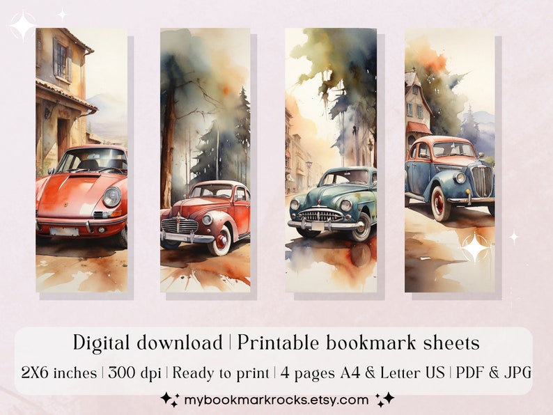 Set of 16 Watercolor "vintage Cars" Printable Bookmarks, Classic Car ...